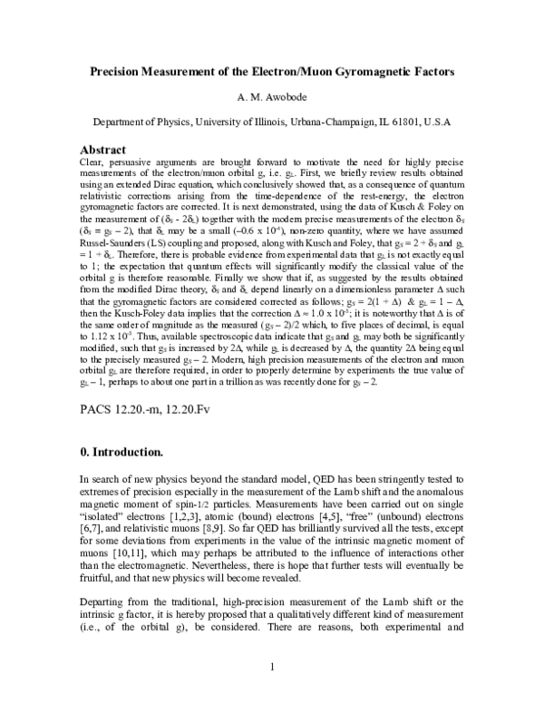 (PDF) Precision Measurement of the Electron/Muon Gyromagnetic Factors