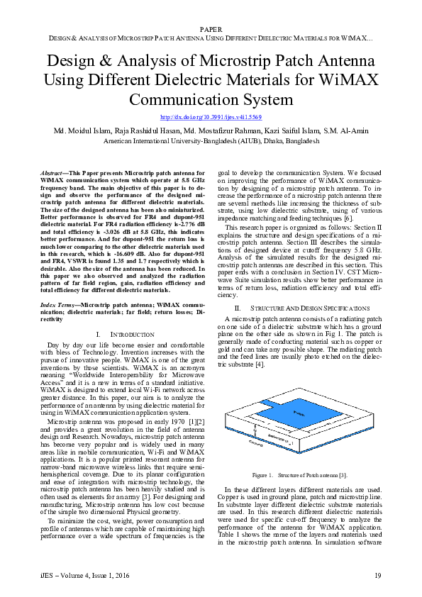 Pdf Design And Analysis Of Microstrip Patch Antenna Using Different