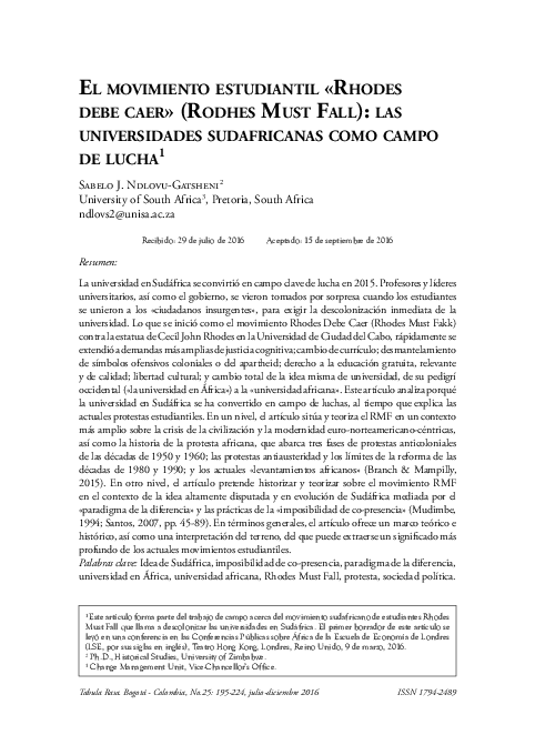 (PDF) ‘Rhodes must fall': South African universities as a site of struggle