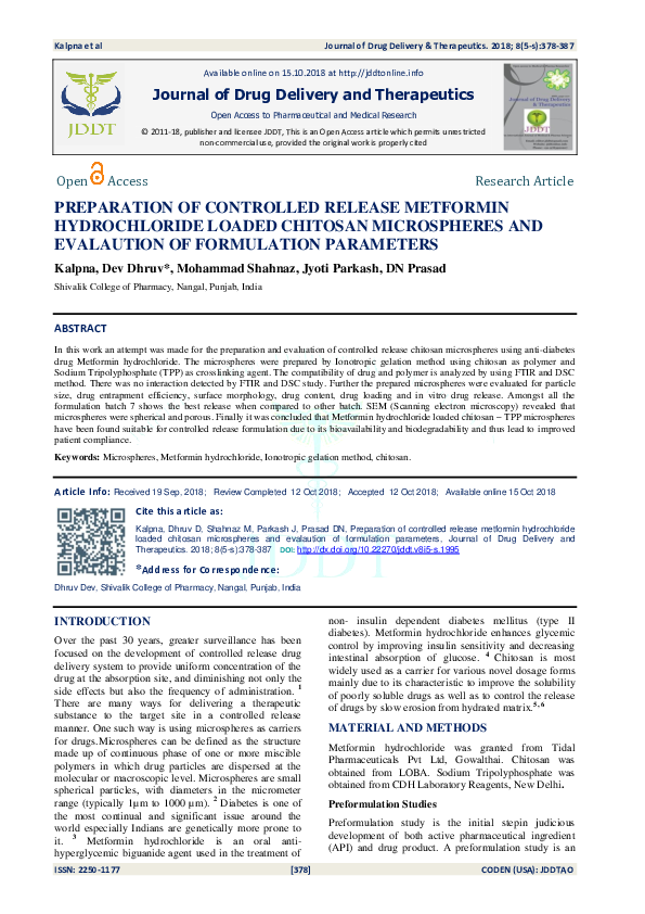 Pdf Preparation Of Controlled Release Metformin Hydrochloride Loaded Chitosan Microspheres And
