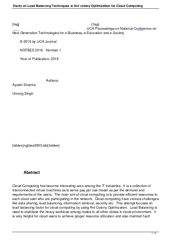 (PDF) Study on Load Balancing Techniques in Ant colony Optimization for Cloud Computing