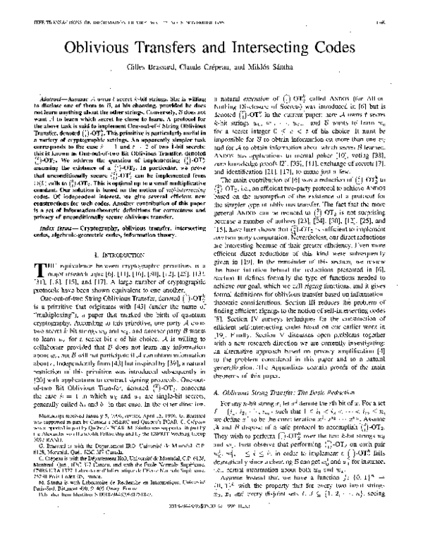 (PDF) Oblivious transfers and intersecting codes