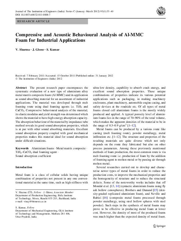 (PDF) Compressive and Acoustic Behavioural Analysis of Al-MMC Foam for Industrial Applications