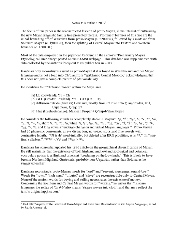 (DOC) Proto-Mayan notes from Kaufman & Campbell