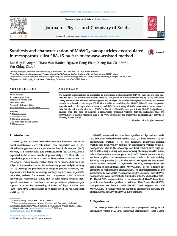 (PDF) Synthesis and characterization of MnWO4 nanoparticles encapsulated in mesoporous silica ...