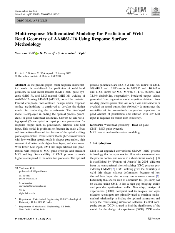 (PDF) Multi-response Mathematical Modeling for Prediction of Weld Bead Geometry of AA6061-T6 ...