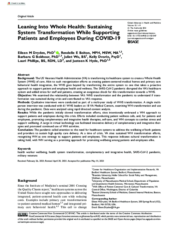 (PDF) Leaning Into Whole Health: Sustaining System Transformation While Supporting Patients and ...