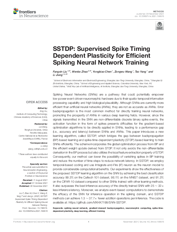 (PDF) SSTDP: Supervised Spike Timing Dependent Plasticity for Efficient Spiking Neural Network ...
