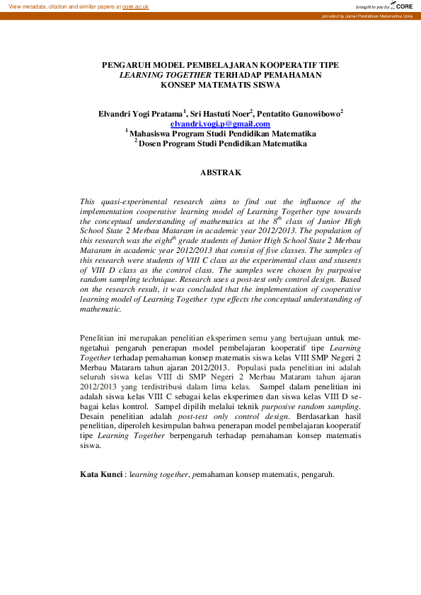 (PDF) Pengaruh Model Pembelajaran Kooperatif Tipe Learning Together Terhadap Pemahaman Konsep ...