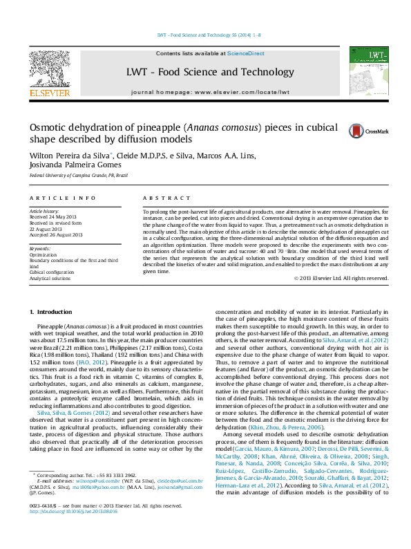(PDF) Osmotic dehydration of pineapple (Ananas comosus) pieces in cubical shape described by ...