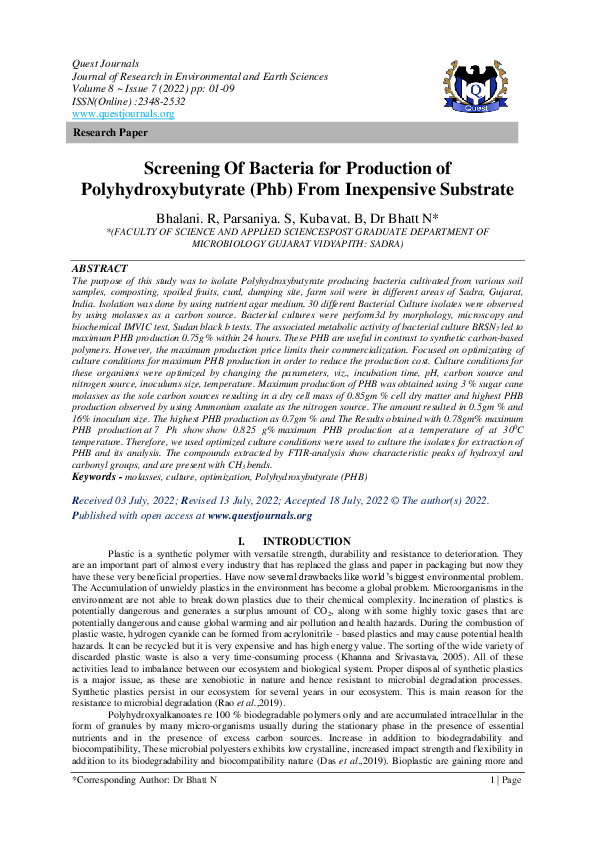 (PDF) Screening Of Bacteria for Production of Polyhydroxybutyrate (Phb) From Inexpensive Substrate