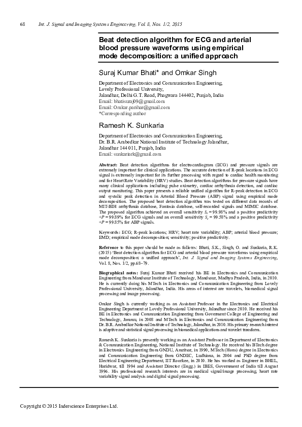 (PDF) Beat detection algorithm for ECG and arterial blood pressure waveforms using empirical ...