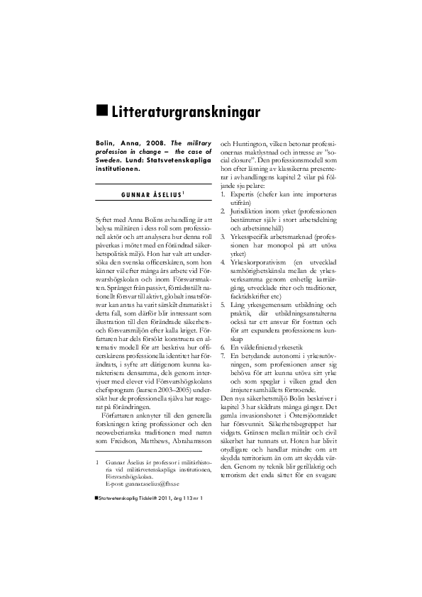 (PDF) Bolin, Anna: The military profession in change - the case of Sweden