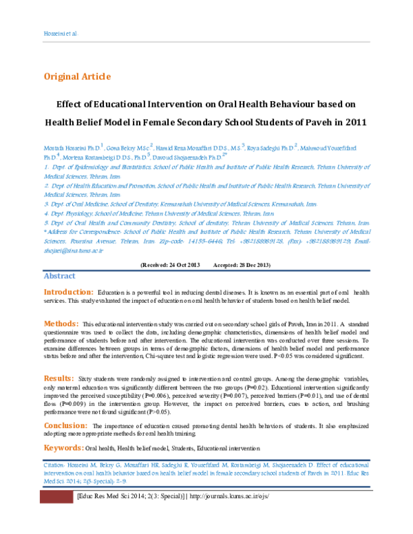 Pdf Hosseini Et Al Original Article Effect Of Educational Intervention On Oral Health