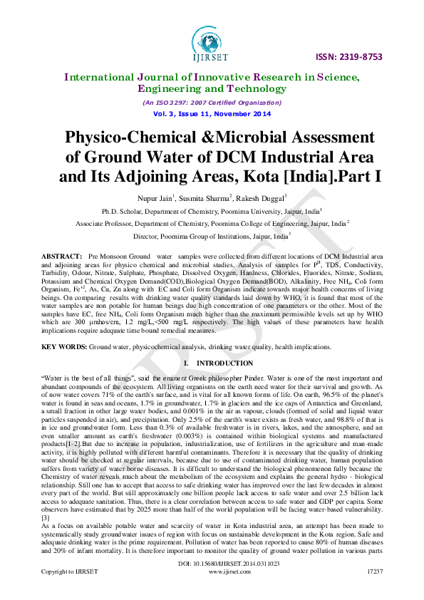 (PDF) Physico-Chemical &Microbial Assessment of Ground Water of DCM Industrial Area and Its ...
