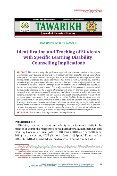 (PDF) Identification and Teaching of Students with Specific Learning Disability: Counselling ...