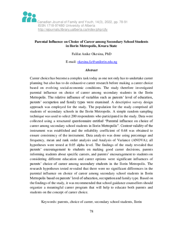 (PDF) Parental Influence on Choice of Career among Secondary School ...