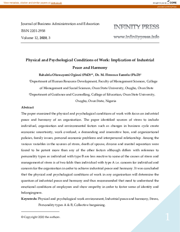 (PDF) Physical and Psychological Conditions of Work: Implication of ...