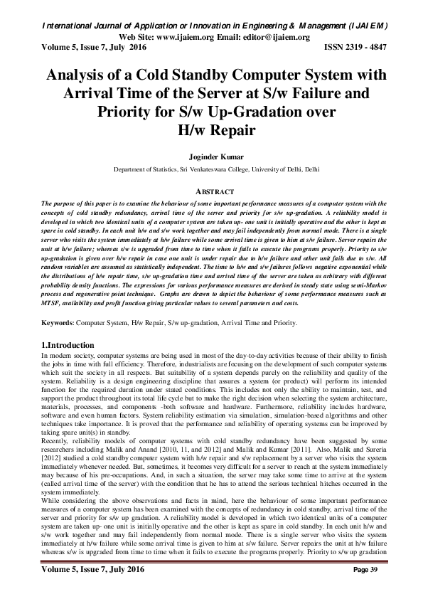 (PDF) Analysis of a Cold Standby Computer System with Arrival Time of ...