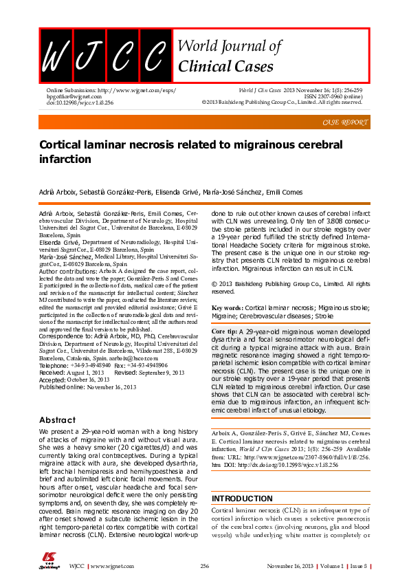 (PDF) Cortical laminar necrosis related to migrainous cerebral ...