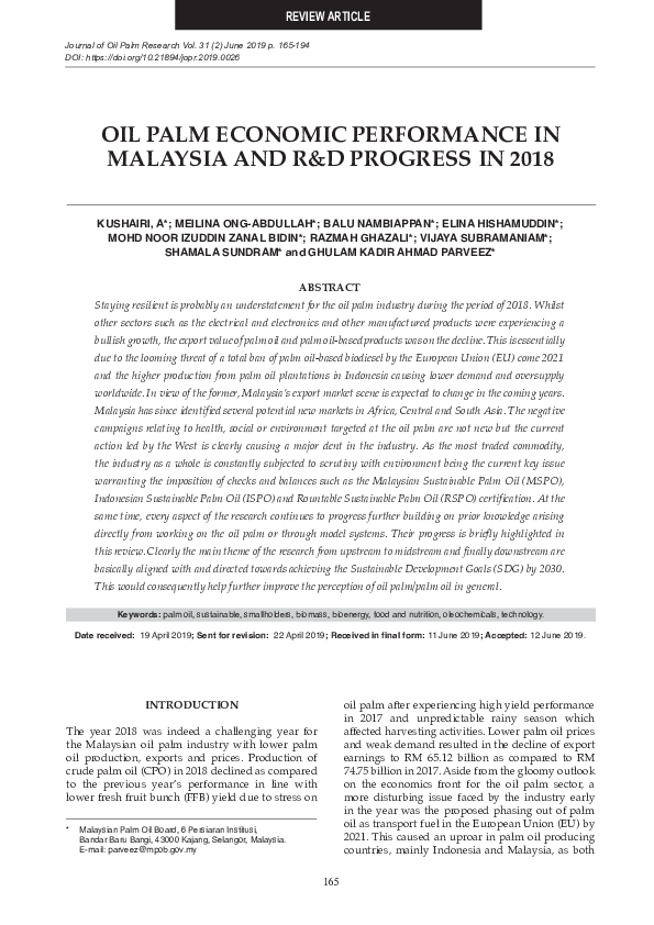 (PDF) Oil Palm Economic Performance in Malaysia and R&D Progress in 2019 | zainab idris ...