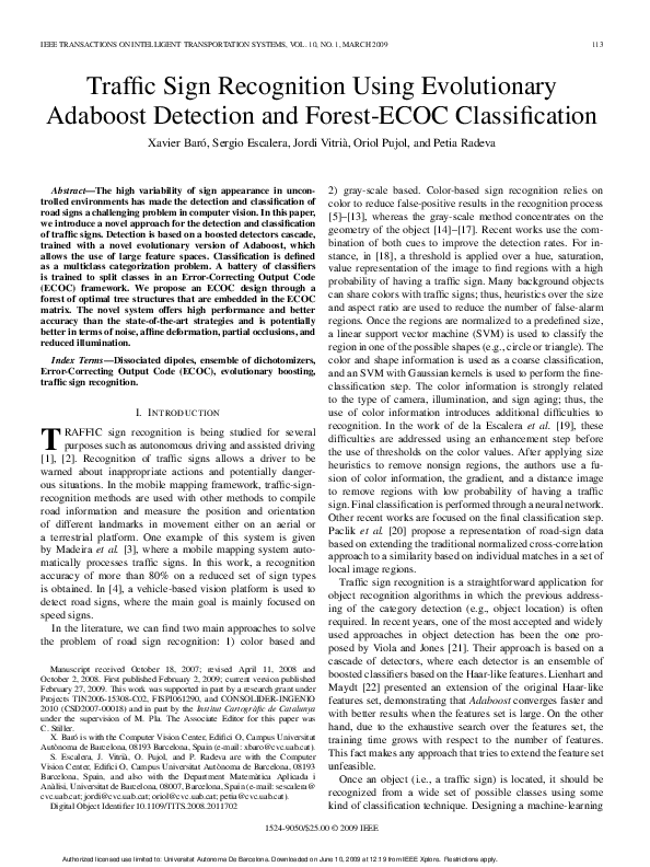 (PDF) Traffic Sign Recognition Using Evolutionary Adaboost Detection and Forest-ECOC Classification