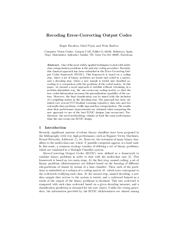 (PDF) Recoding error-correcting output codes