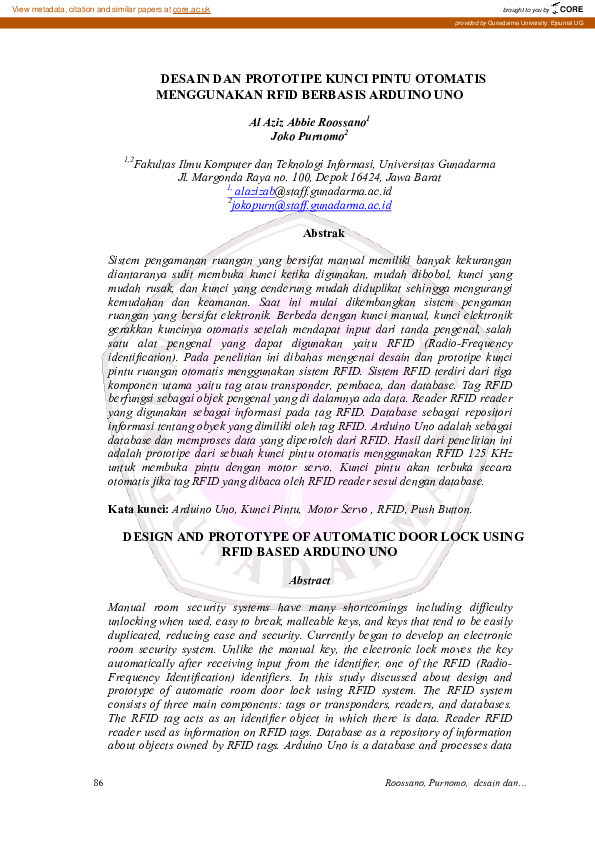 Pdf Desain Dan Prototipe Kunci Pintu Otomatis Menggunakan Rfid Berbasis Arduino Uno