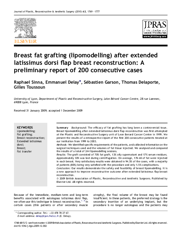 (PDF) Breast fat grafting (lipomodelling) after extended latissimus ...