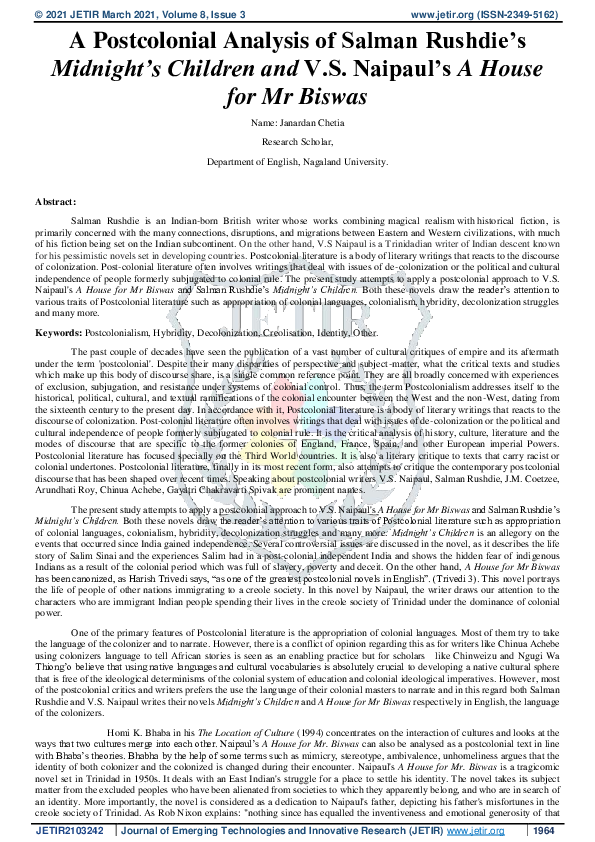 (PDF) A Postcolonial Analysis of Salman Rushdie’s Midnight’s Children and V.S. Naipaul’s A House ...