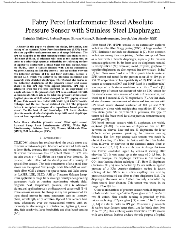 (PDF) Fabry–Perot Interferometer-Based Absolute Pressure Sensor With Stainless Steel Diaphragm