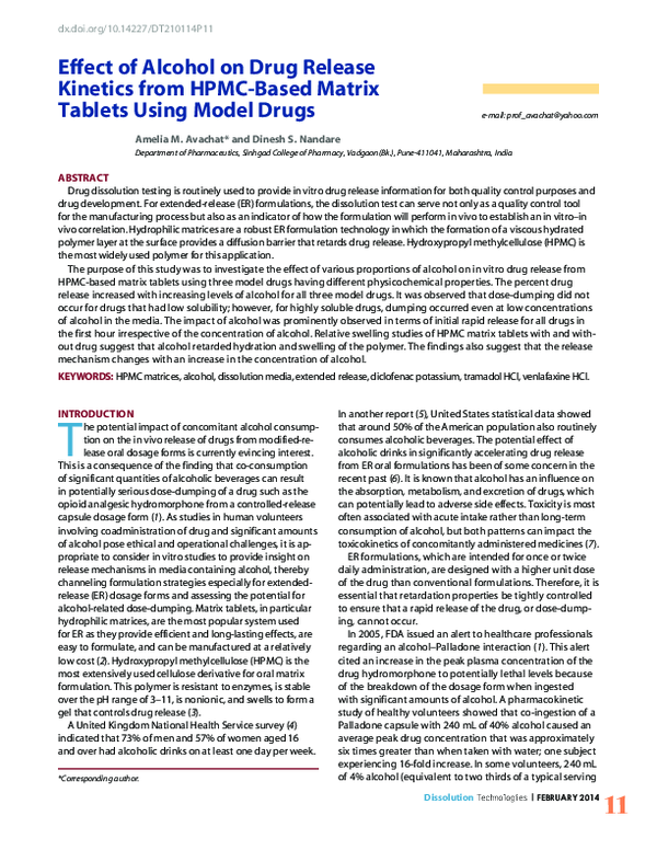 Pdf Effect Of Alcohol On Drug Release Kinetics From Hpmc Based Matrix
