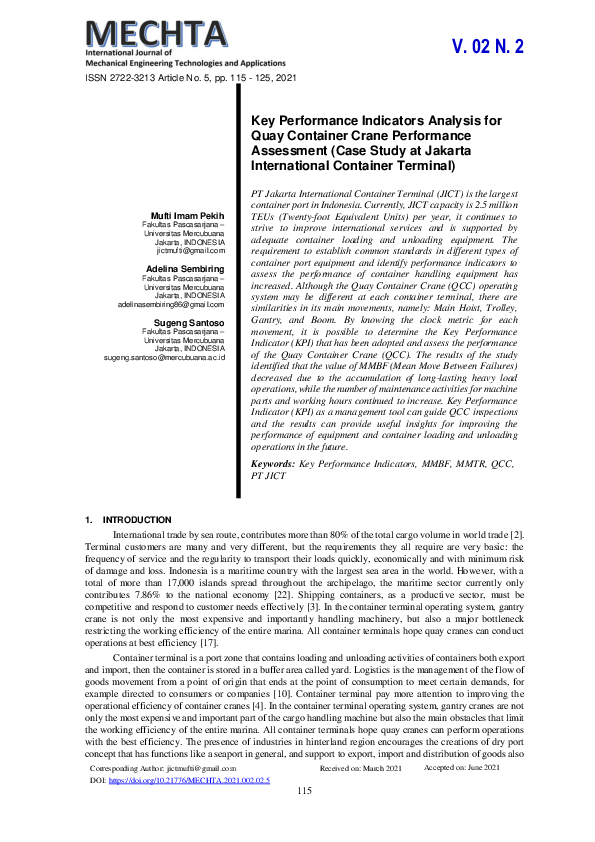 (PDF) Key Performance Indicators Analysis for Quay Container Crane Performance Assessment (Case ...