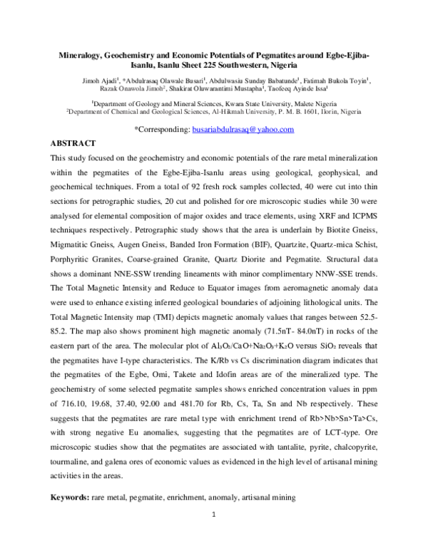 (PDF) Mineralogy, Geochemistry and Economic Potentials of Pegmatites ...