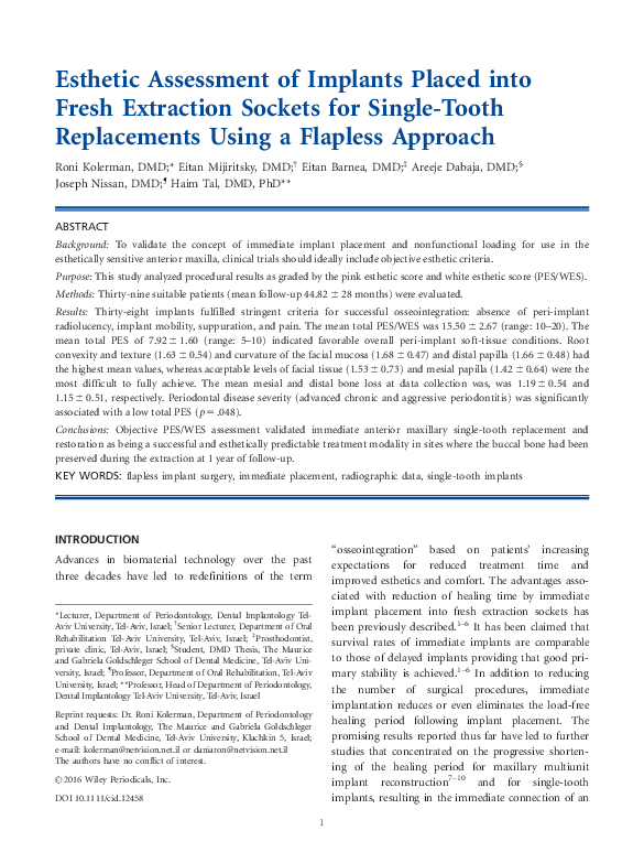 (PDF) Esthetic Assessment of Implants Placed into Fresh Extraction Sockets for Single-Tooth ...