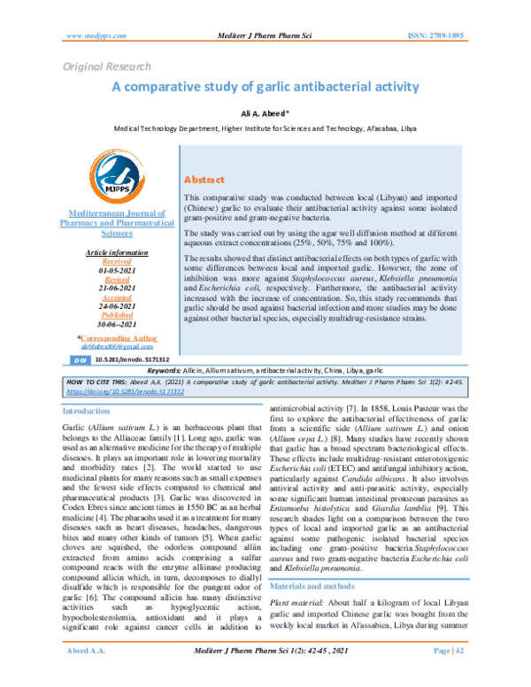 (PDF) A comparative study of garlic antibacterial activity | Mediterr J ...