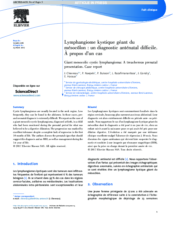(PDF) Lymphangiome kystique géant du mésocôlon : un diagnostic ...