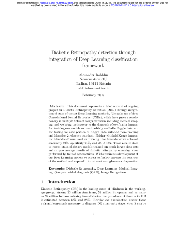 (PDF) Diabetic Retinopathy detection through integration of Deep Learning classification framework