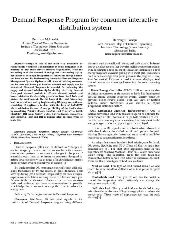 Demand Response Program for consumer interactive distribution system