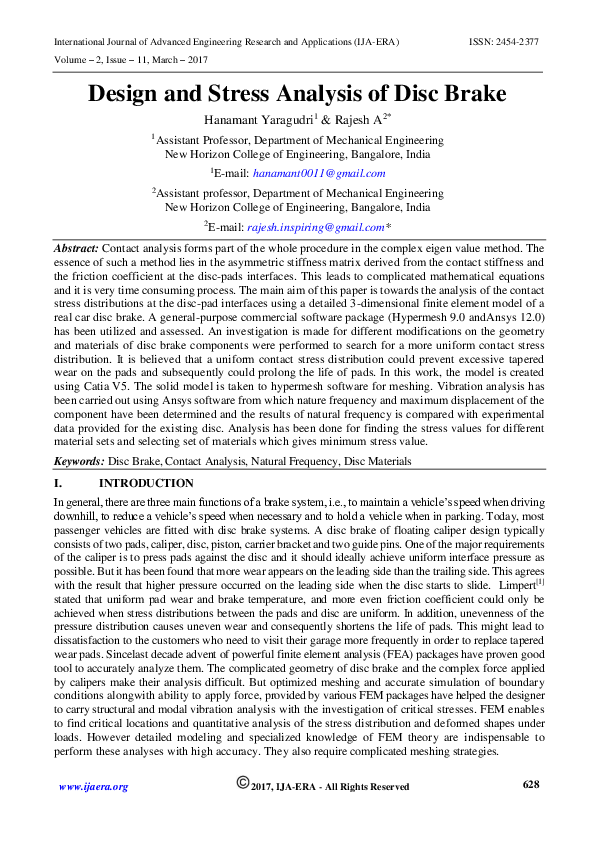 (PDF) Design and Stress Analysis of Disc Brake