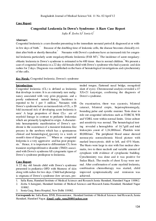 (PDF) Congenital leukemia in Down’s Syndrome- A Rare Case Report
