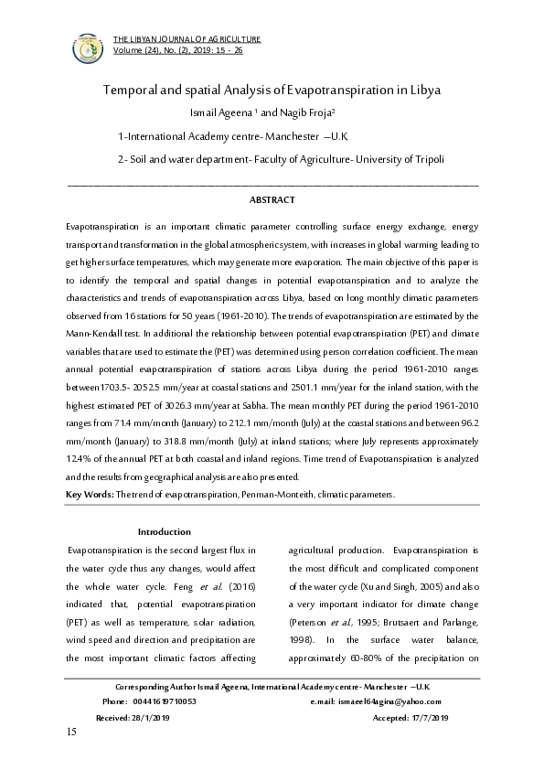 (PDF) Temporal and spatial Analysis of Evapotranspiration in Libya | Nagib Froja - Academia.edu