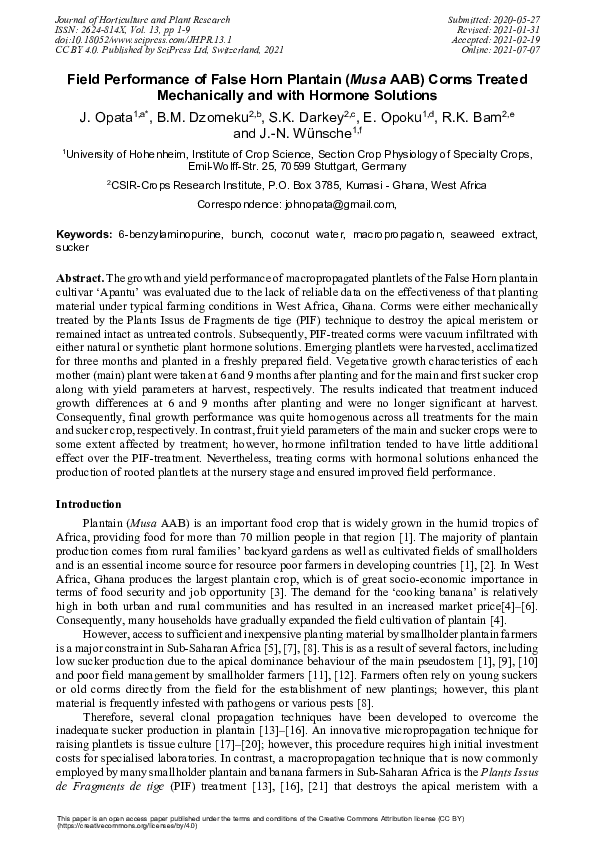 (PDF) Field Performance of False Horn Plantain (Musa AAB) Corms Treated ...