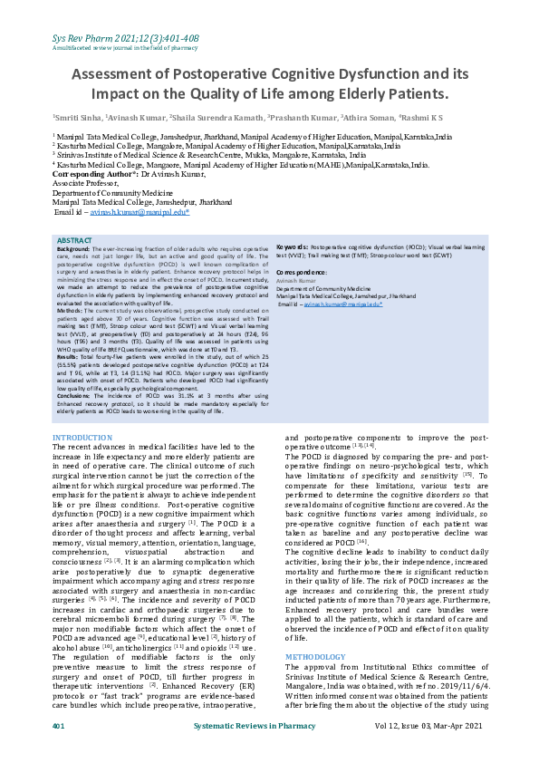 (PDF) Assessment of Postoperative Cognitive Dysfunction and its Impact ...