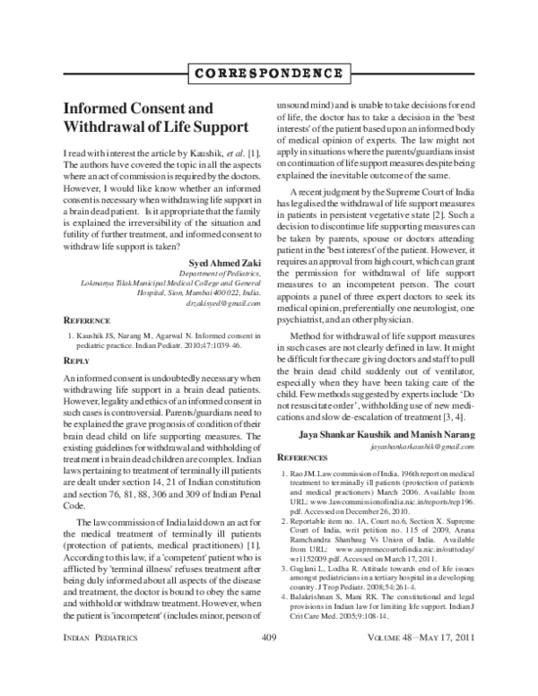 (PDF) Informed consent and withdrawal of life support