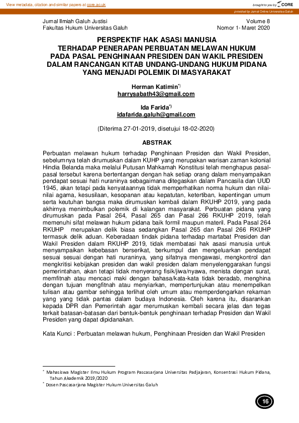 (PDF) Perspektif Hak Asasi Manusia Terhadap Penerapan Perbuatan Melawan ...