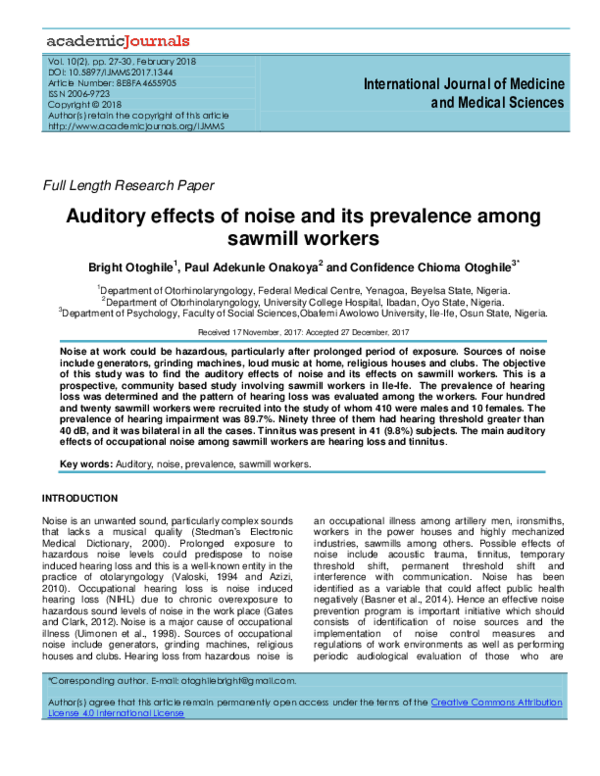 (PDF) Auditory effects of noise and its prevalence among sawmill workers