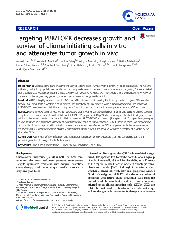 (PDF) Targeting PBK/TOPK decreases growth and survival of glioma ...