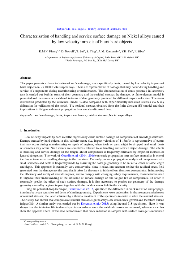 (PDF) Characterisation of handling and service surface damage on Nickel ...