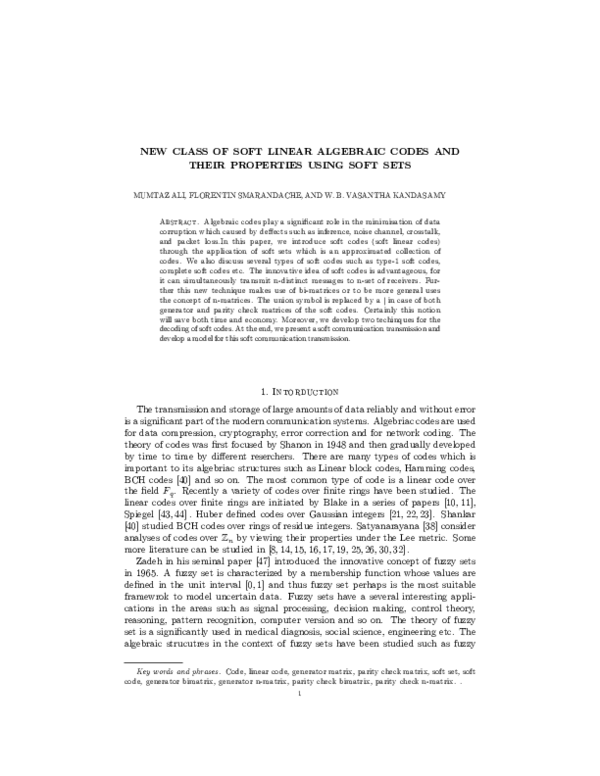 New Class of Soft Linear Algebraic Codes and Their Properties Using Soft Sets